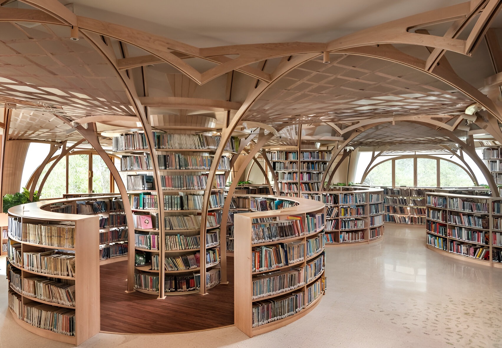 Studio Hinge crea espacios de biblioteca debajo de columnas de madera ...